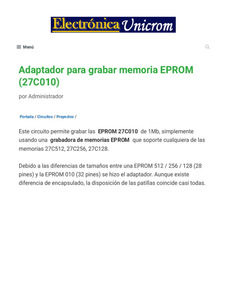 Adaptador para Grabar Memoria EPROM (27C010) - Electrónica Unicrom ...