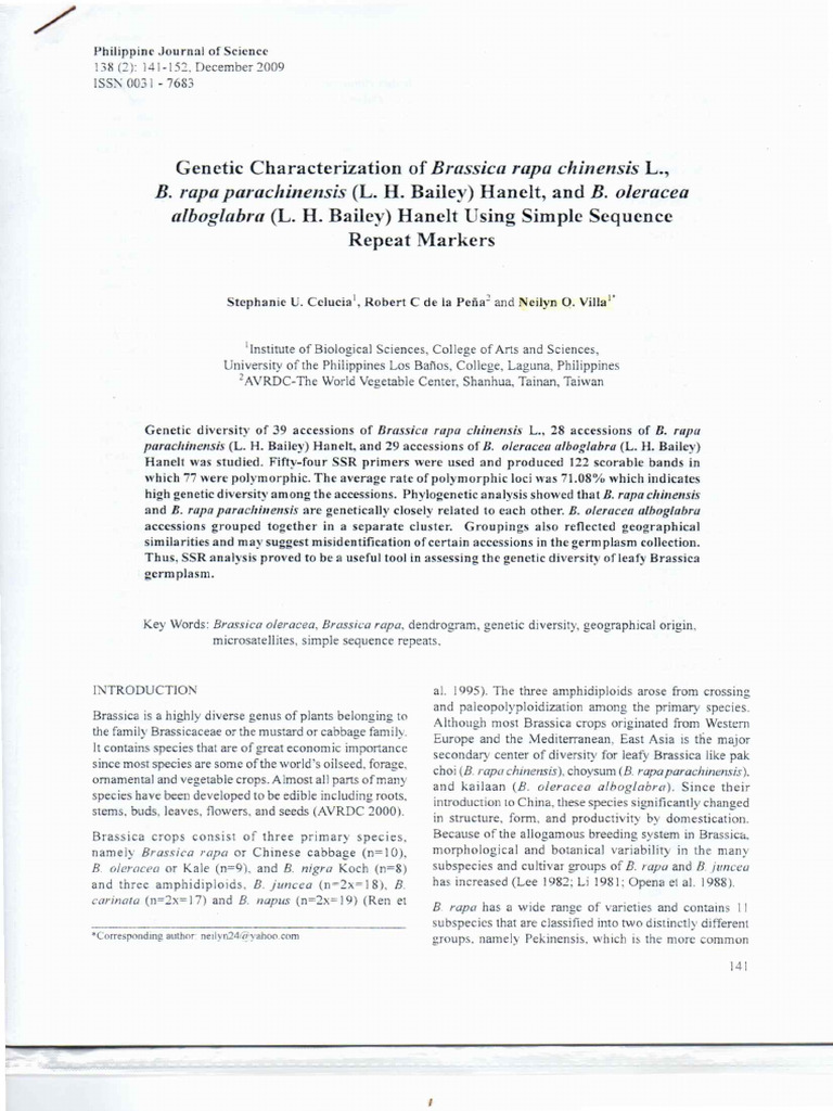 Genetic Characterization of Brassica Species Based On SSR Markers | PDF