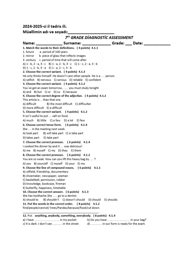 7th Grade Diagnostic Assessment 2024-2025 | PDF | Linguistics ...