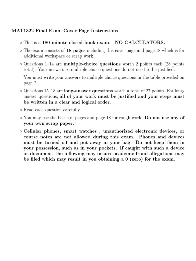 MAT1322, Final Exam, Cover Page | PDF