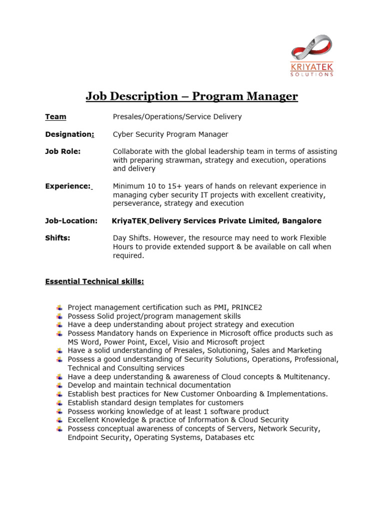 Cyber Security Program Manager- Kriyatek | PDF | Computer Security ...