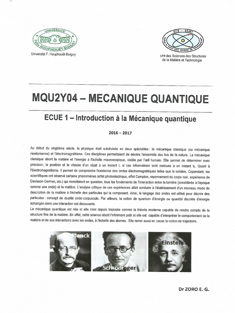 CM Mécanique Quantique ECUE1 | PDF