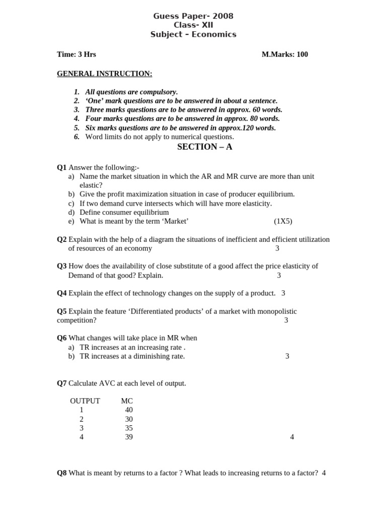 2Economics-XII-Sample-Paper-08 | PDF | Demand | Perfect Competition