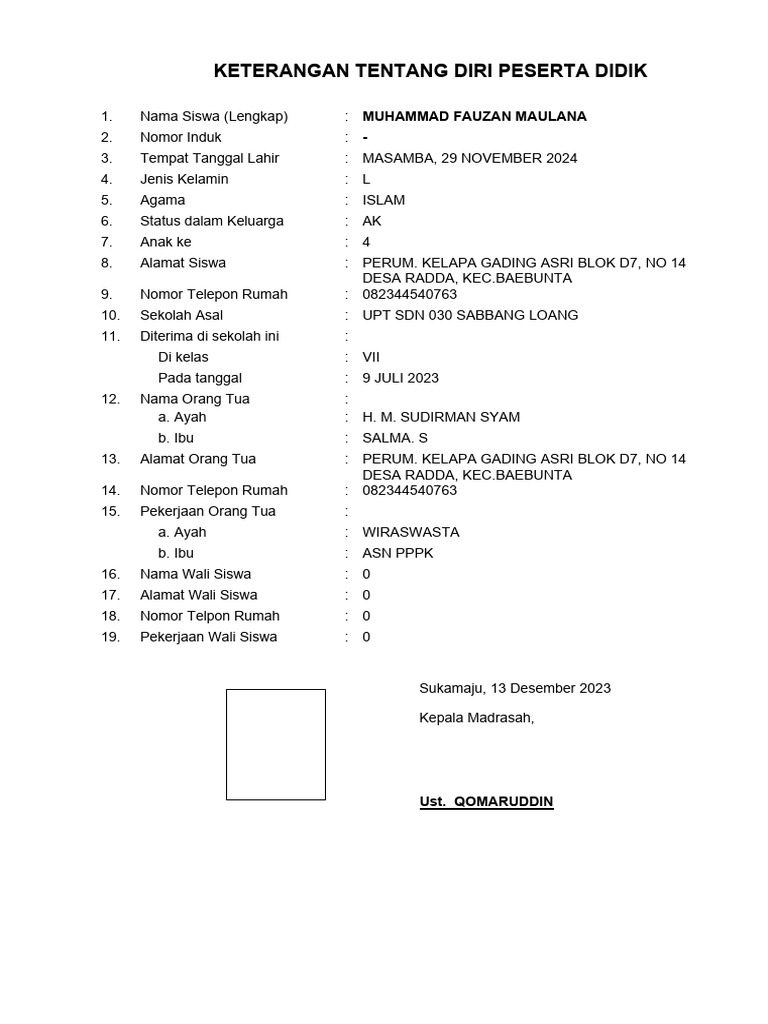 BIODATA RAPOR K13-2023 MADRASAH v2 | PDF