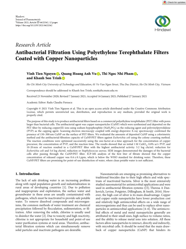 Antibacterial Filtration Using Polyethylene Terephthalate FiltersCoated ...