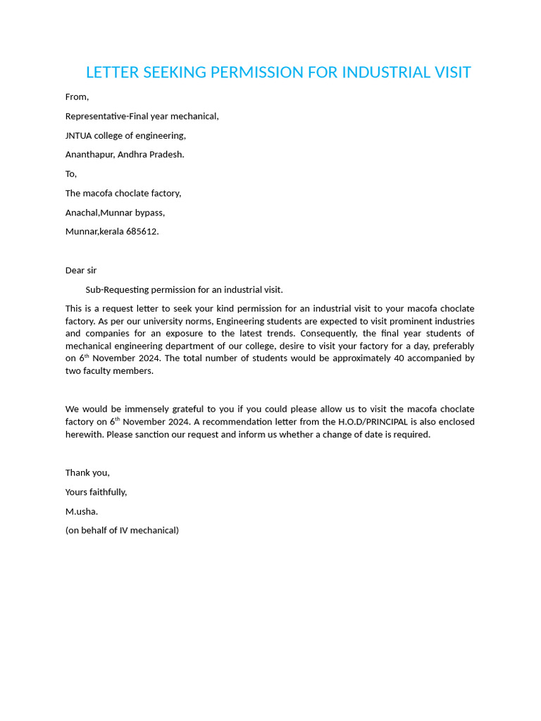 Industrial Visit Request to Macofa Factory | PDF