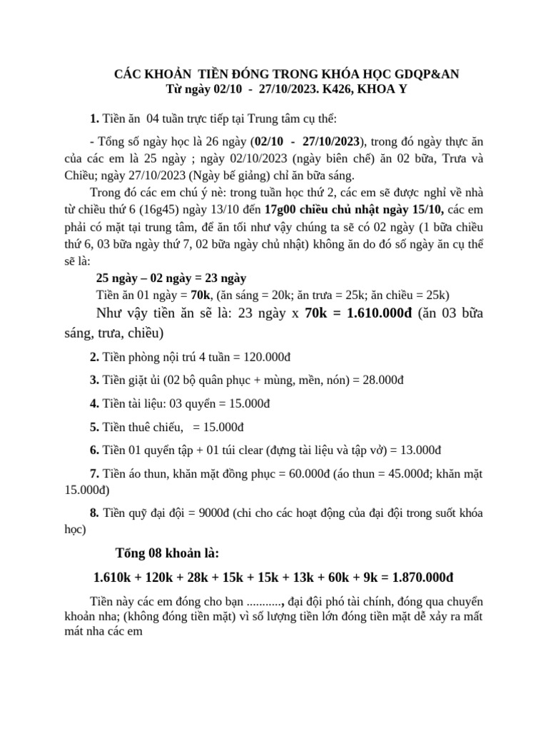 CÁC KHOẢN TIỀN ĐÓNG TRONG KHÓA HỌC GDQP | PDF