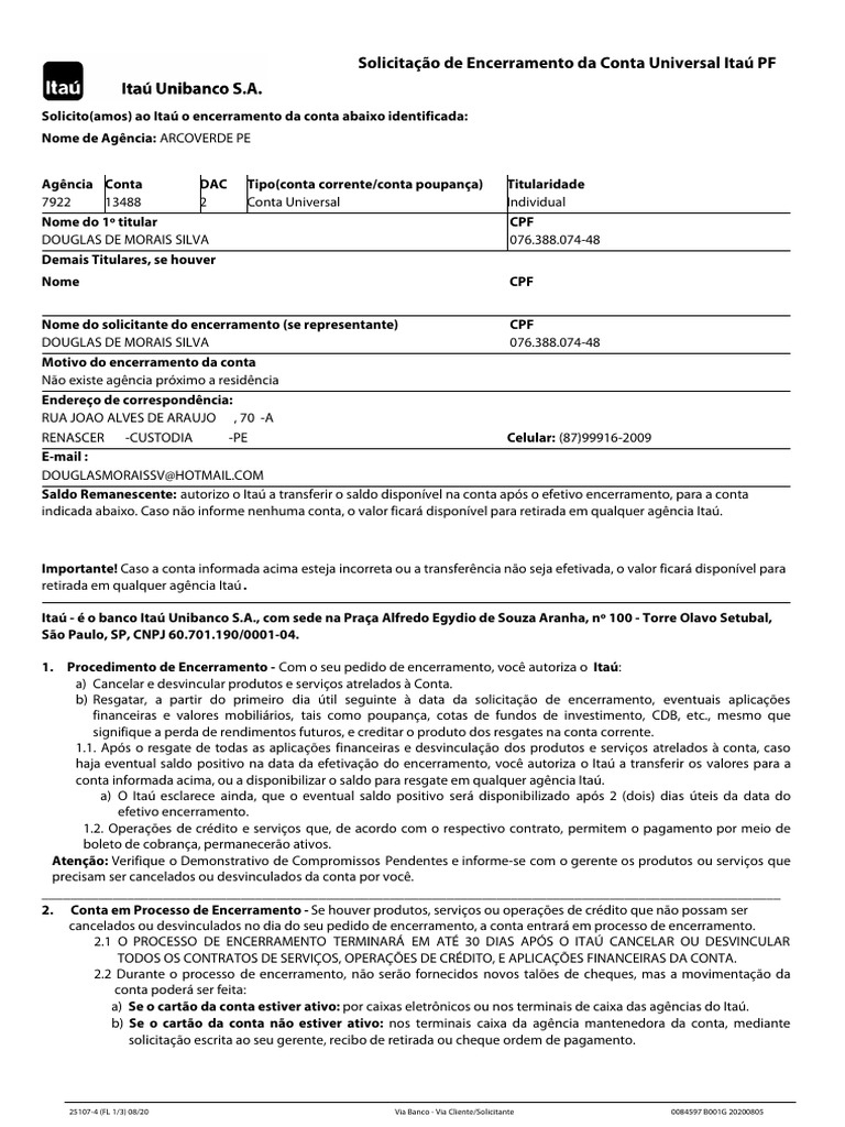 Encerramento de Conta Itaú Universal | PDF | Cheque (banco) | Conta de ...