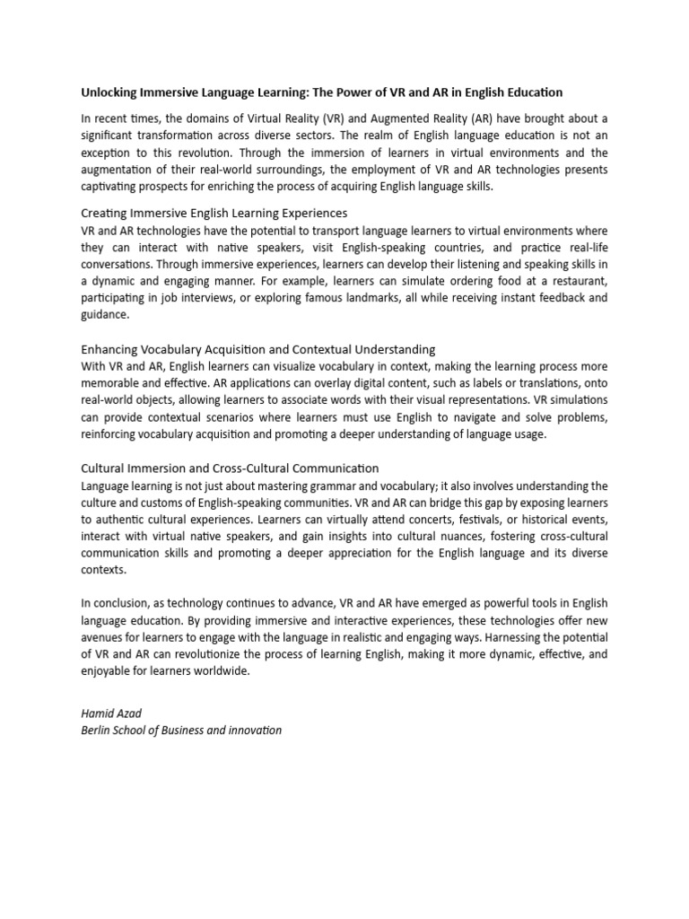 VR and AR in Language Learning | PDF | Augmented Reality | Virtual Reality