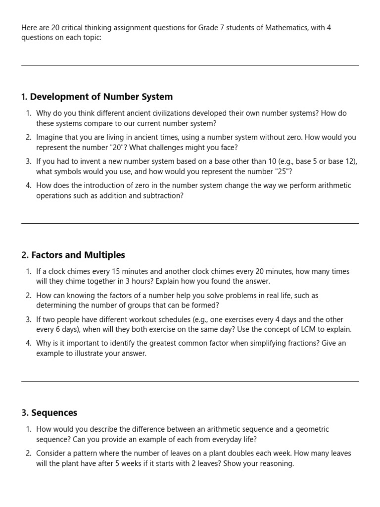 20 Critical Thinking Math Questions for 7th Grade | PDF | Numbers ...