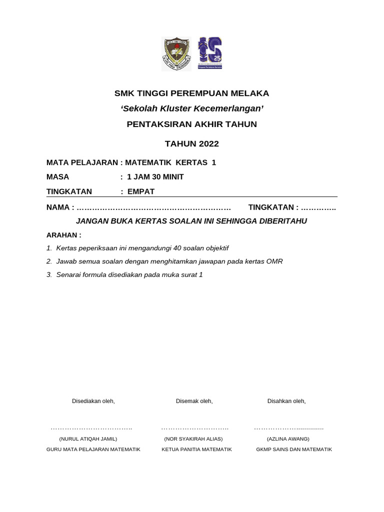 Draft Paper 1 PAT Math F4 | PDF