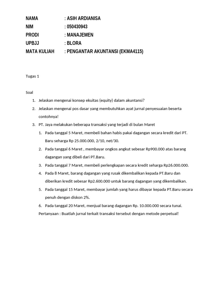 Tugas 1 Pengantar Akuntansi EKMA4115 | PDF | Bisnis | Pengelolaan Keuangan & Uang