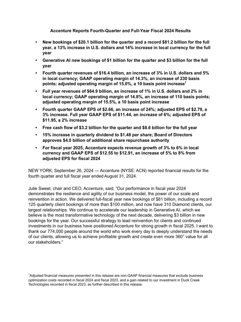 Accenture Reports Fourth Quarter and Full Year Fiscal 2024 Results | PDF | Dividend | Revenue