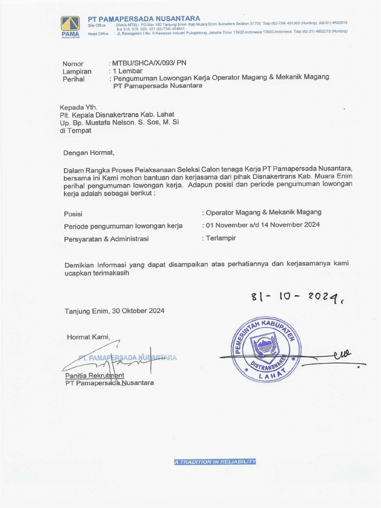 Poster Recruitment Stempel Resmi Disnaker Lahat | PDF
