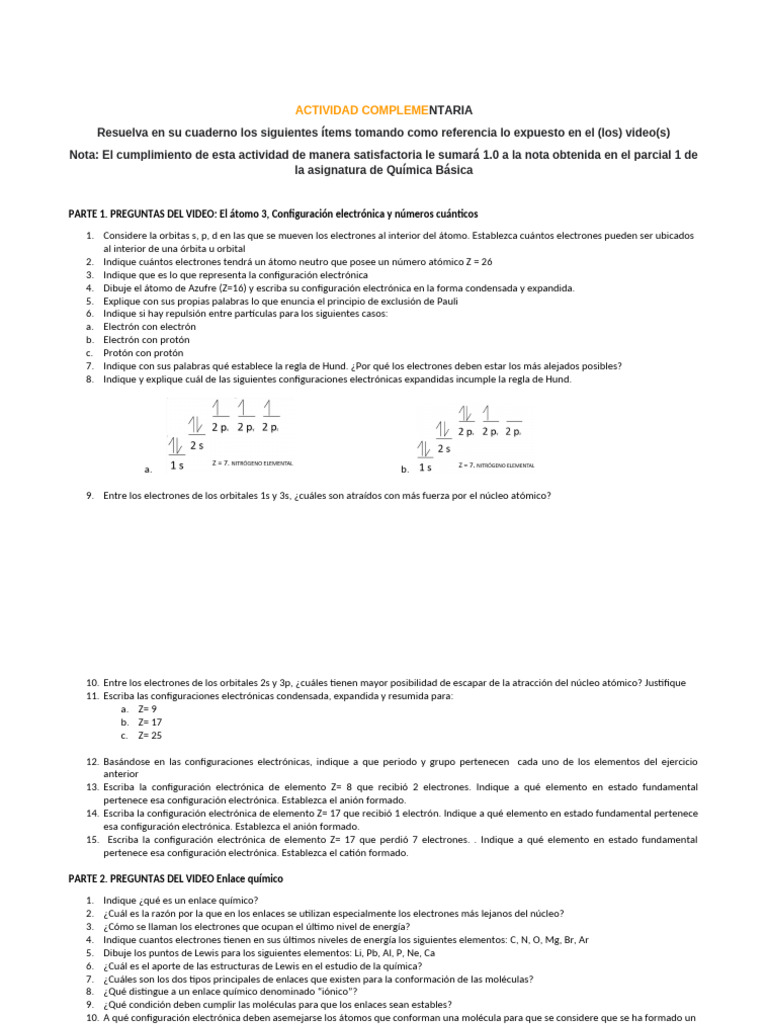 Taller Quimica Básica para Subir Nota P1 | PDF | Enlace químico ...