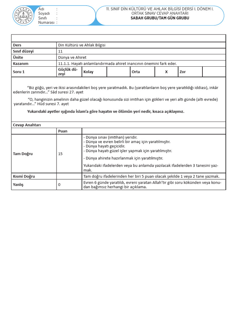 11 Din Kulturu-Cevap Anahtari-Sabah | PDF