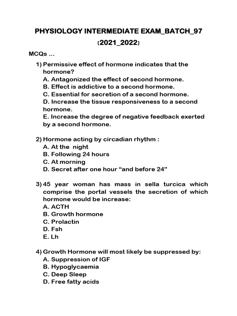 Physiology Intermediate Exam MCQs 2021-2022 | PDF | Kidney | Hormone