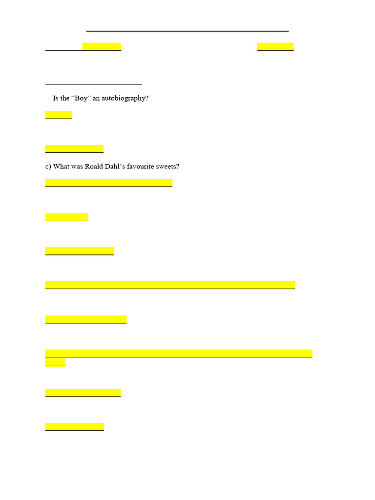 Literature (Roald Dahl) worksheet- 7 - answer key | PDF