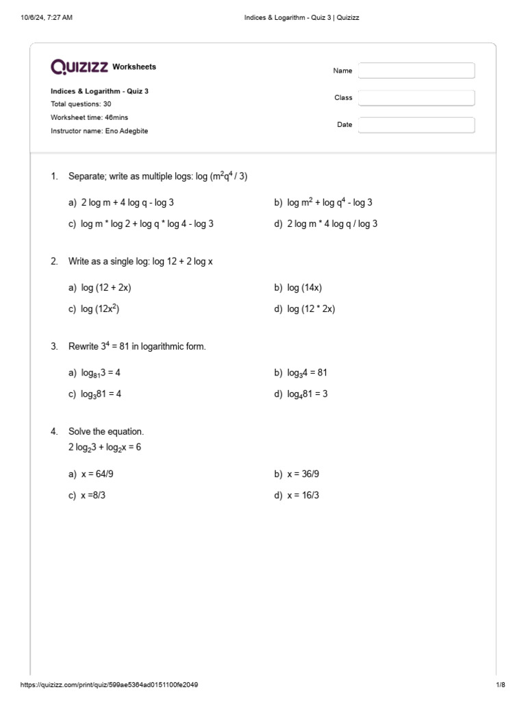 Indices & Logarithm - Quiz 3 - Quizizz | PDF | Number Theory ...