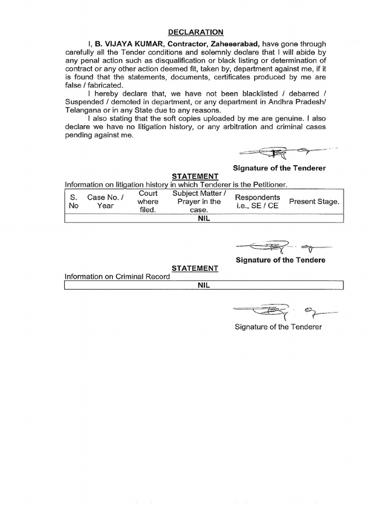 Contractor Tender Declaration Statement | PDF