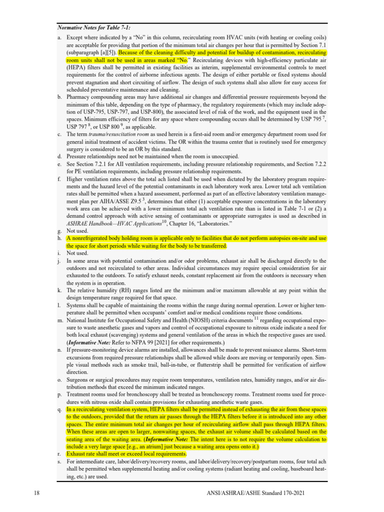 Notes For Table 7-1 Design Parameters-Inpatient Spaces - ASHRAE STD 170 ...