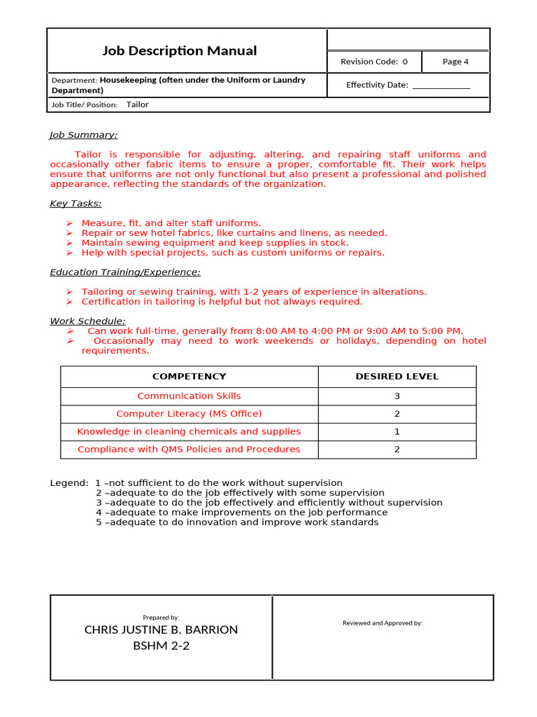 Housekeeping Tailor Job Description | PDF