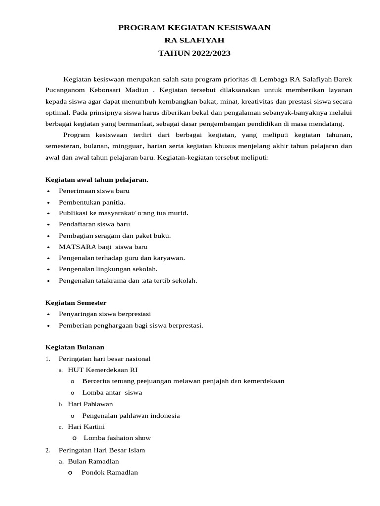 Program Kegiatan Kesiswaan RA Salafiyah | PDF | Karier & Perkembangan