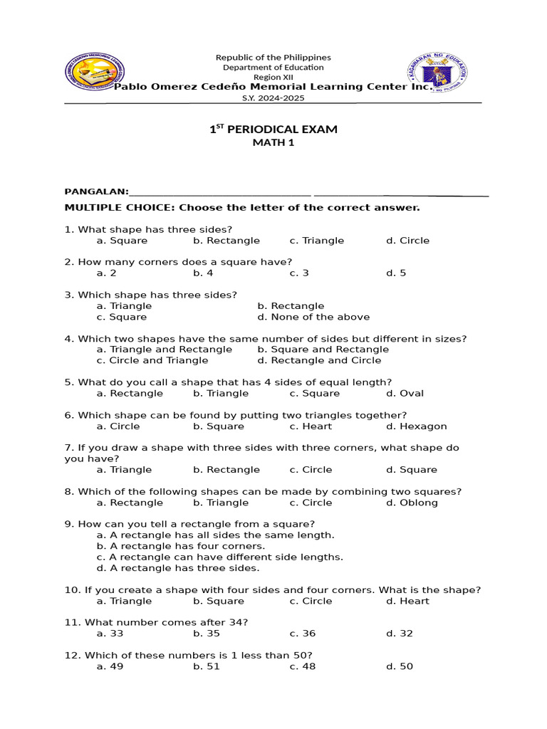 Grade 1 Math 1st Periodical Exam | PDF | Rectangle | Triangle