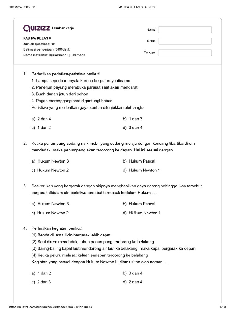 PAS IPA KELAS 8 - Quizizz | PDF