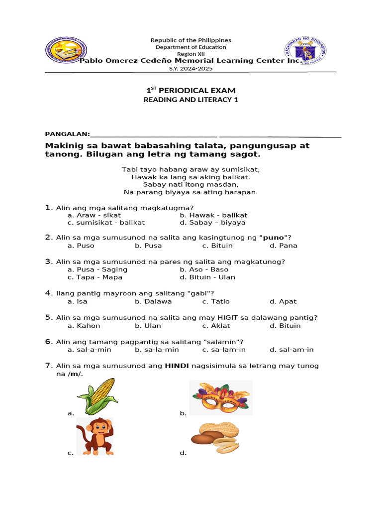 1st Periodical Exam Reading and Literacy | PDF
