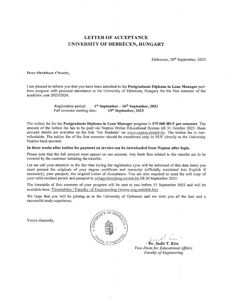 University Acceptance Letter | PDF