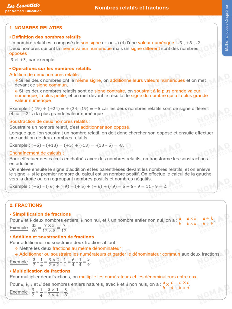 Nombres relatifs et fractions en 4ème | PDF | Nombre | Mathématiques