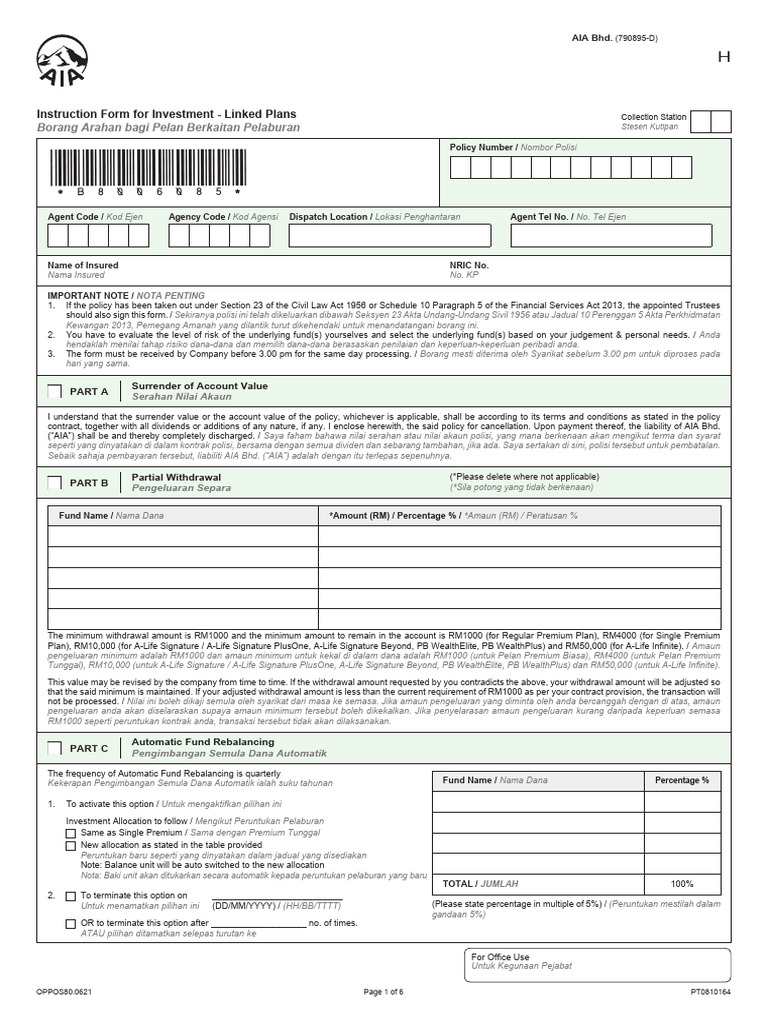 Instruction Form For Investment Linked Plans 3006 | PDF