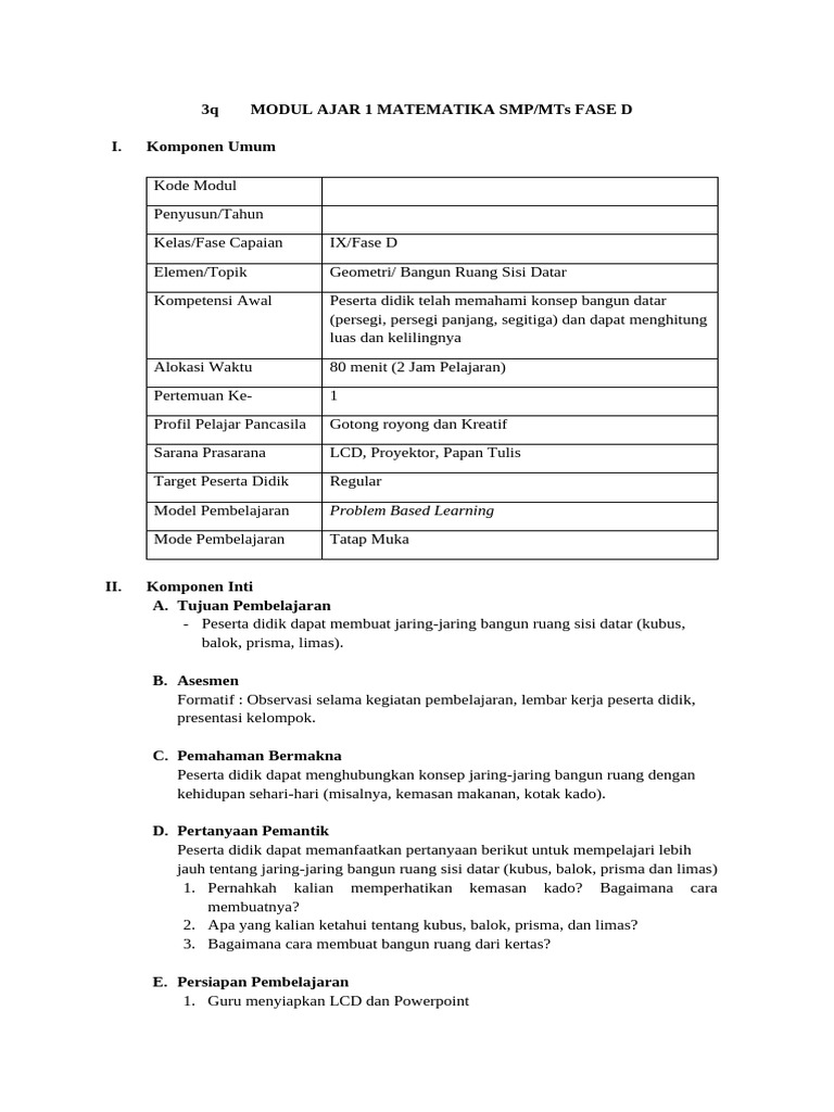 Modul Ajar Bangun Ruang Sisi Datar | PDF