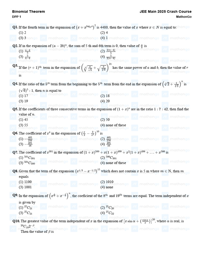 Daily Practice Problems - DPP 1 - Binomial Theorem | PDF | Mathematics Of Computing | Numerical ...