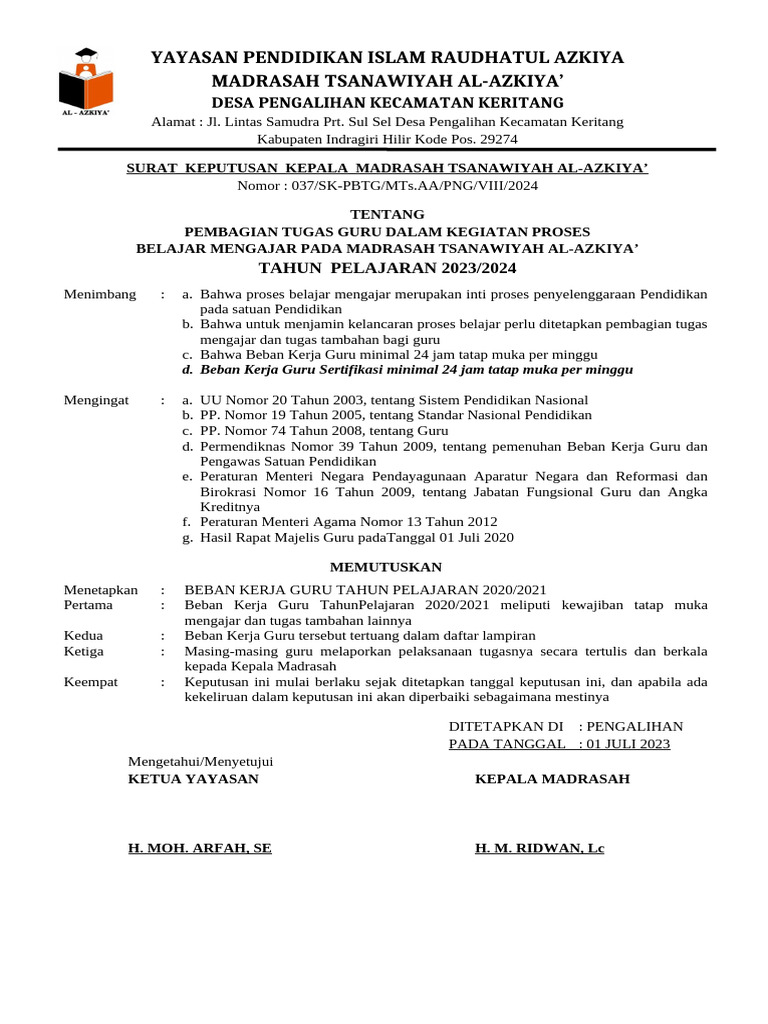 SK Pembagian Tugas Guru 2020 | PDF