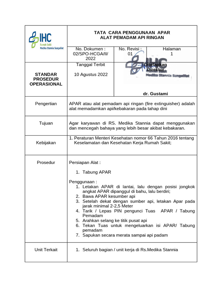 Panduan Penggunaan APAR di RS Medika Stannia | PDF