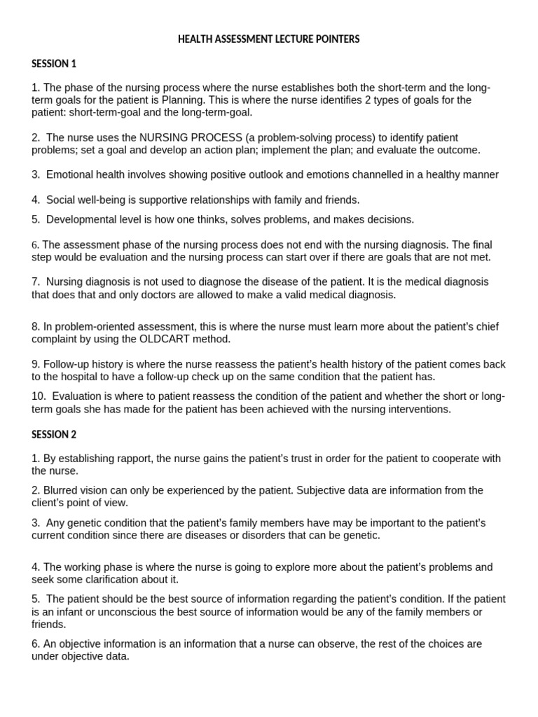 Health Assessment Lecture Pointers | PDF | Infants | Nursing