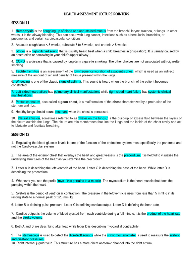 Health Assessment Lecture Sessions 11 12 Pointers | PDF | Lung | Heart