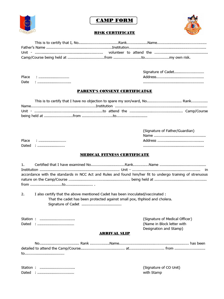 NCC Camp Participation Forms | PDF | Indemnity