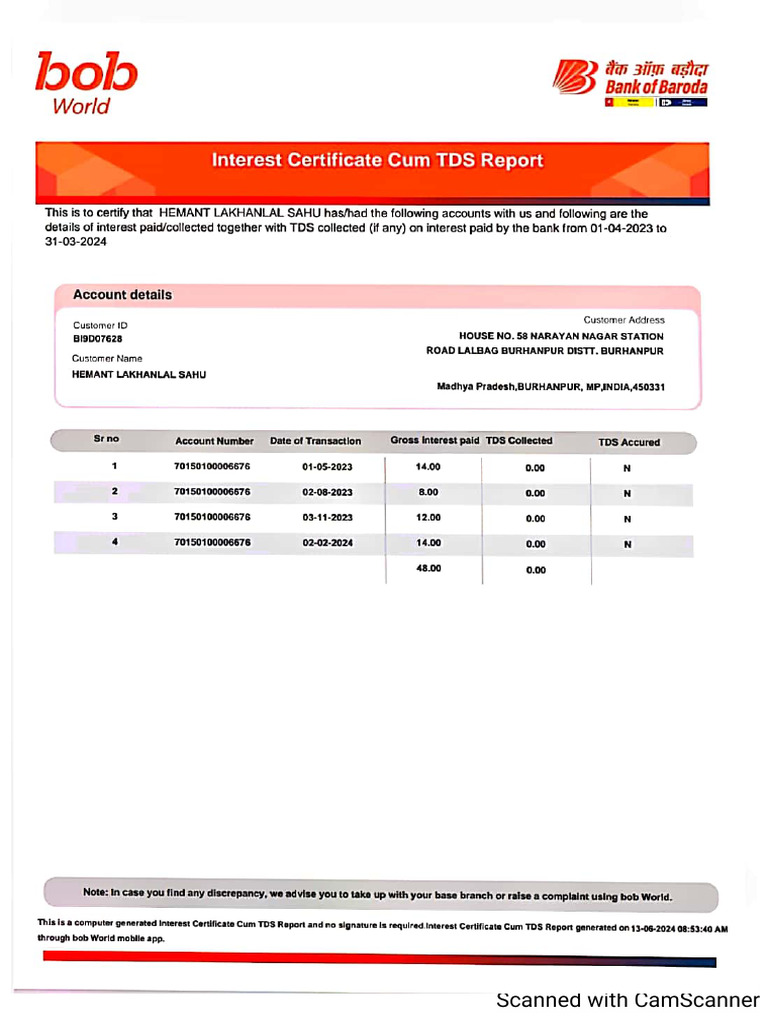 BOB Interest Cert 23-24 | PDF