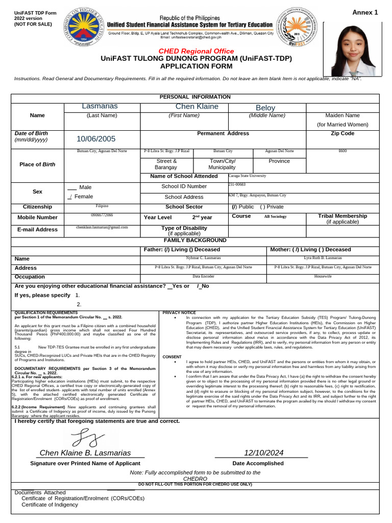CHED TDP Application Form | PDF | Justice | Crime & Violence