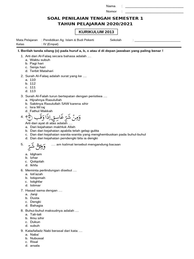 Soal PTS Pendidikan Agama Islam Kelas 4 Semester 1 2019 2020 | PDF | Kajian Bahasa Asing | Agama ...