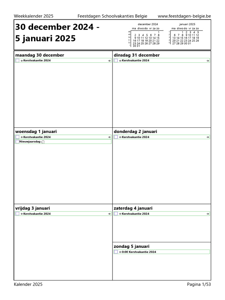 Kalender 2025 Weekkalender A4 Gratis Download Belgie Feestdagen ...