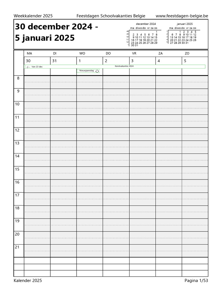 Kalender 2025 Weekkalender A4 Gratis Download Belgie Feestdagen ...