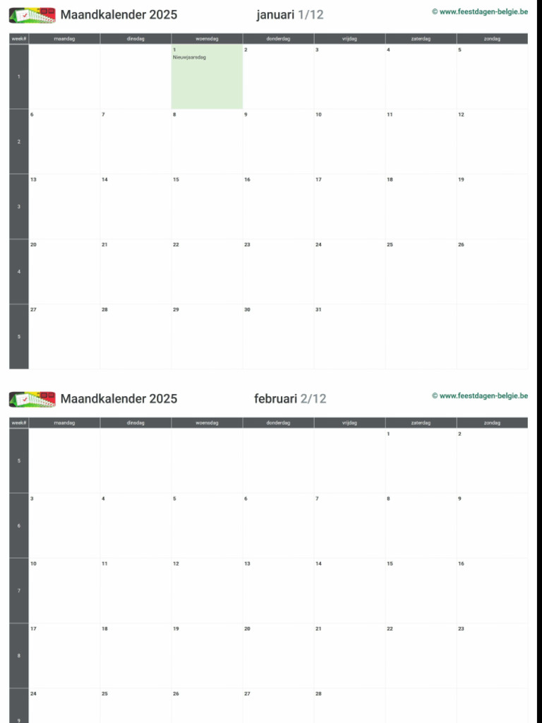Maandkalender 2025 A4 Liggend Feestdagen | PDF