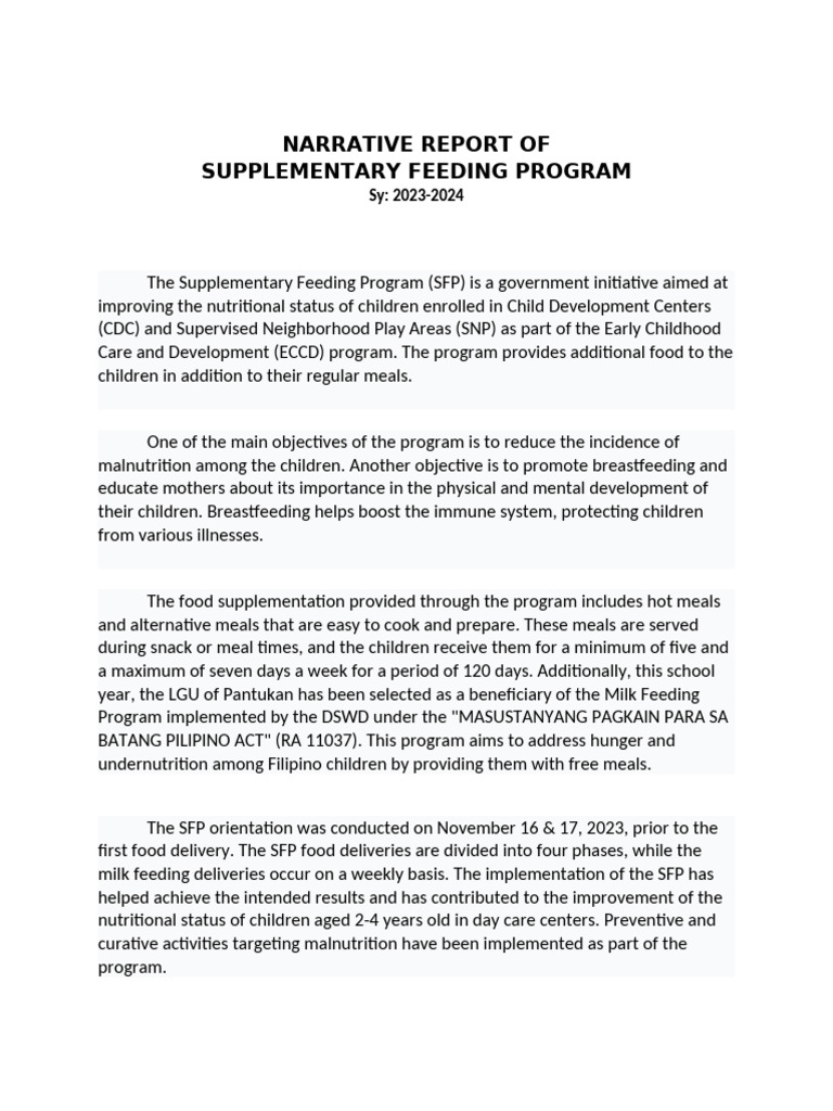 SFP Narrative Report Sy 2023-2024 | PDF | Malnutrition