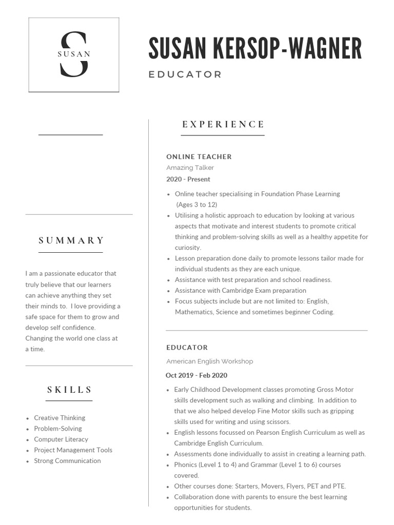 Resume - Susan Kersop-Wagner School Ed | PDF | Teachers | Curriculum