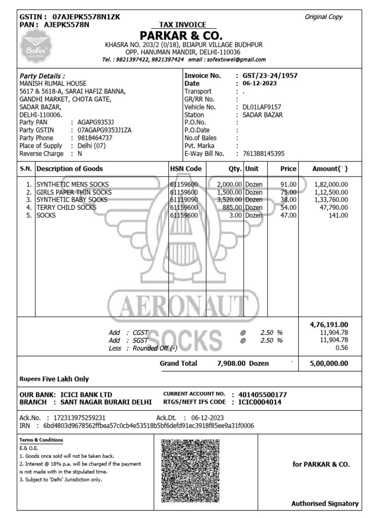 Parkar & Co.: GSTIN: 07AJEPK5578N1ZK Pan: Ajepk5578N Tax Invoice | PDF ...