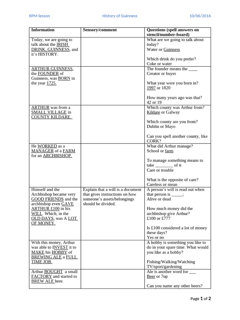 Guinness lesson plan | PDF | Brewing | Beer